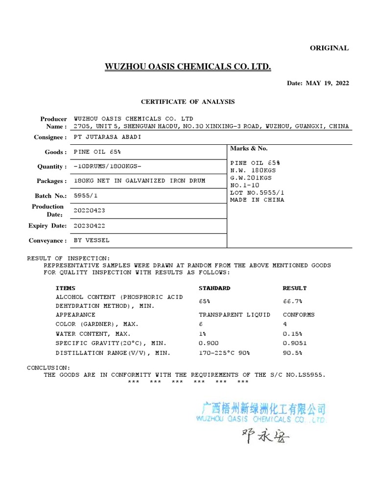 COA Pine Oil 65% 5955-1 | PDF