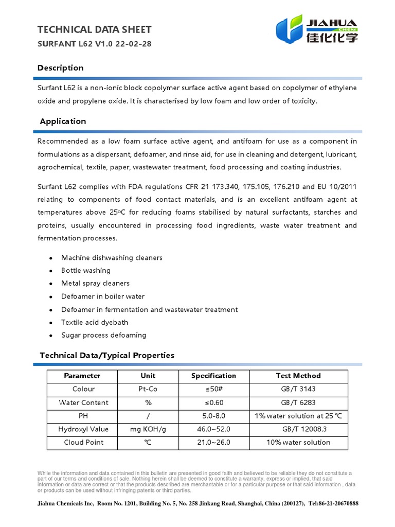 Technical Data Sheet: Description | PDF | Surfactant | Physical Sciences
