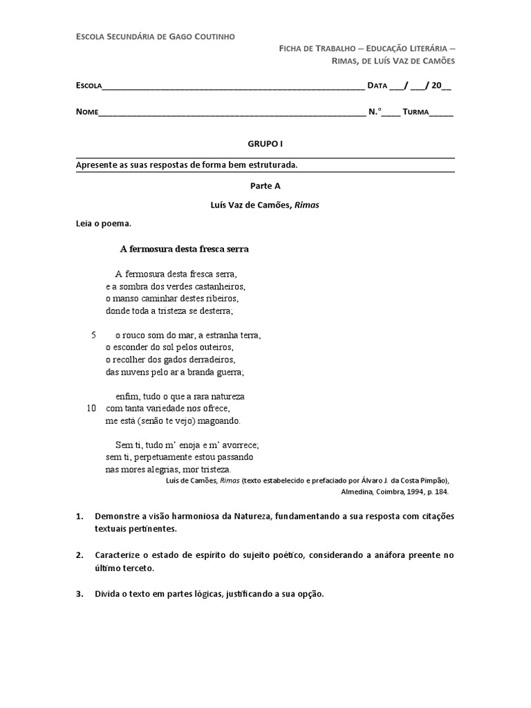 Ficha de Trabalho - Rimas | Descargar gratis PDF | Amor | Dor