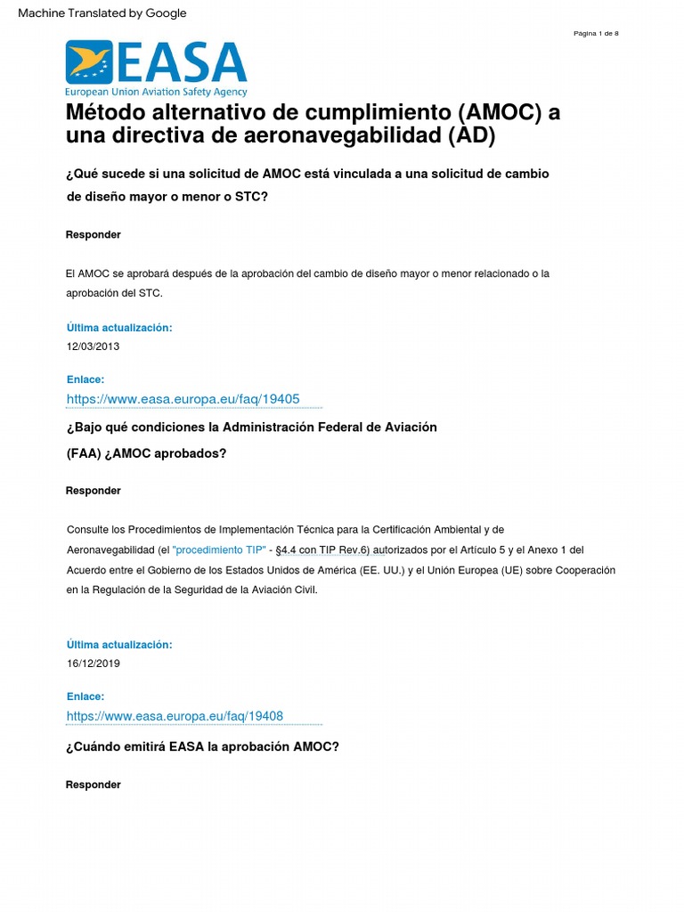 Aprobación de AMOC para ADs EASA | PDF | Aeronáutica | Aviación