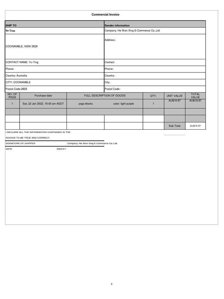 Commercial Invoice: Ship To Sender Information | PDF