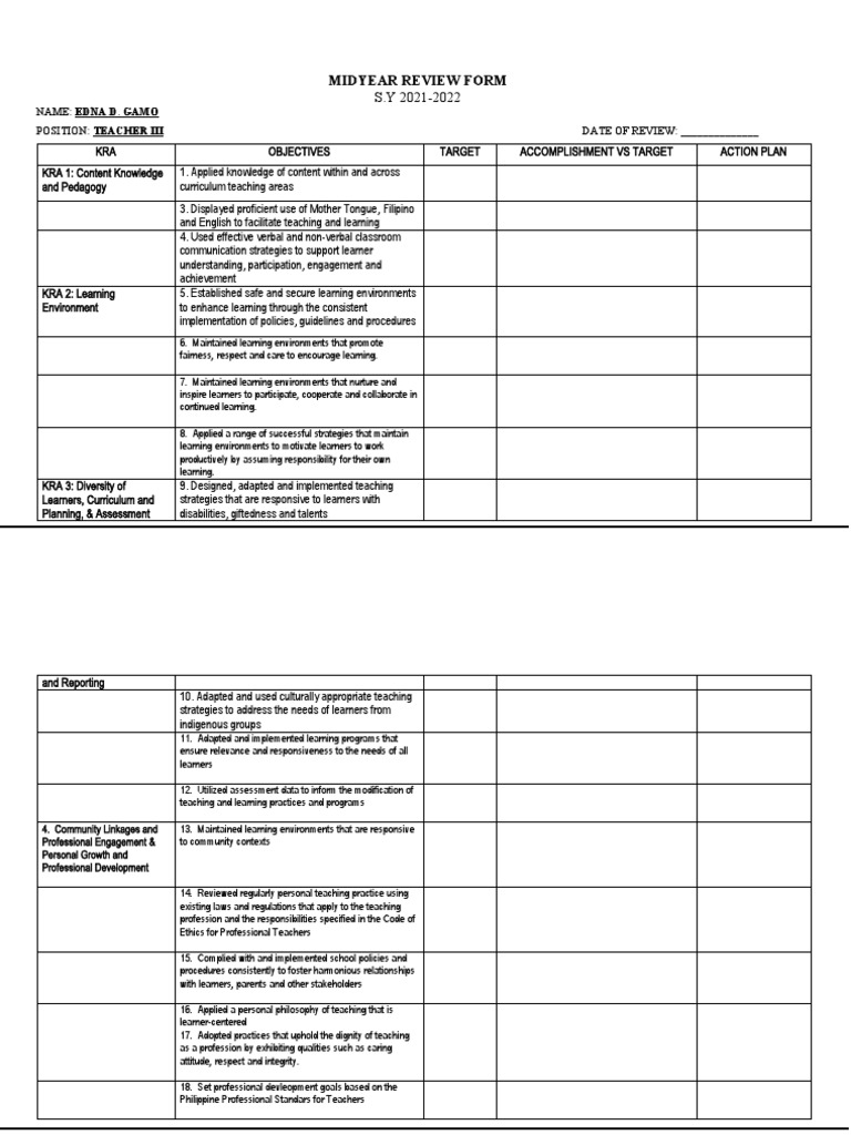 Mid Year Review Form | PDF | Learning | Teachers