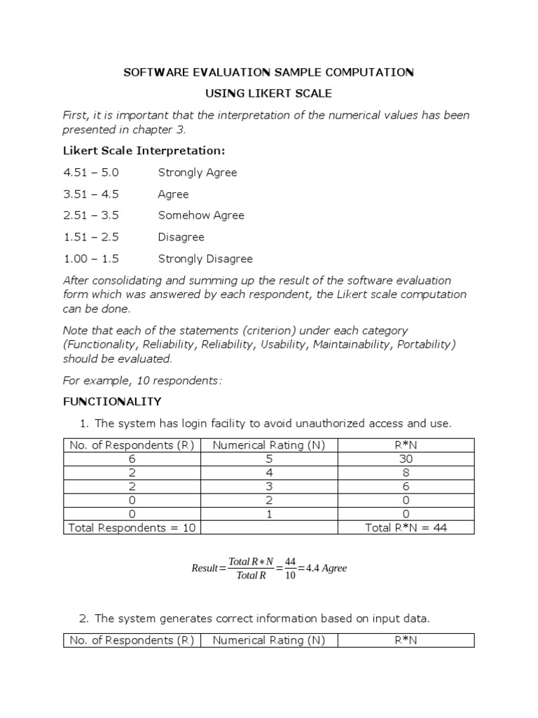 Software Evaluation Sample Computation | PDF | Reliability Engineering | Likert Scale