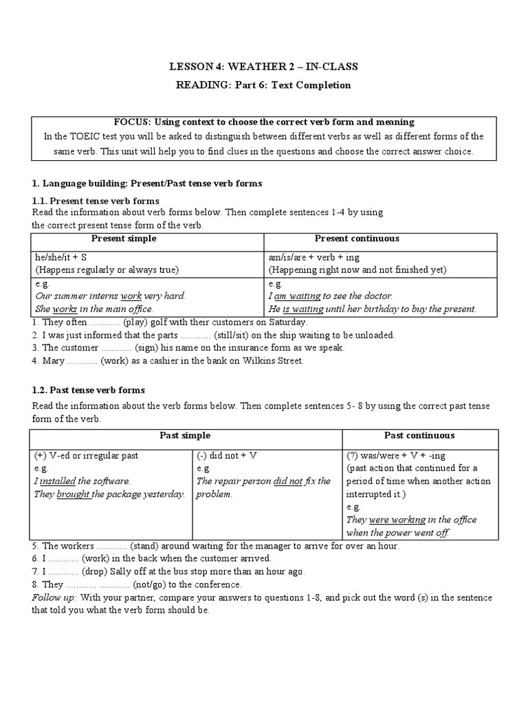 Lesson 4: Weather 2 - In-Class READING: Part 6: Text Completion | PDF ...