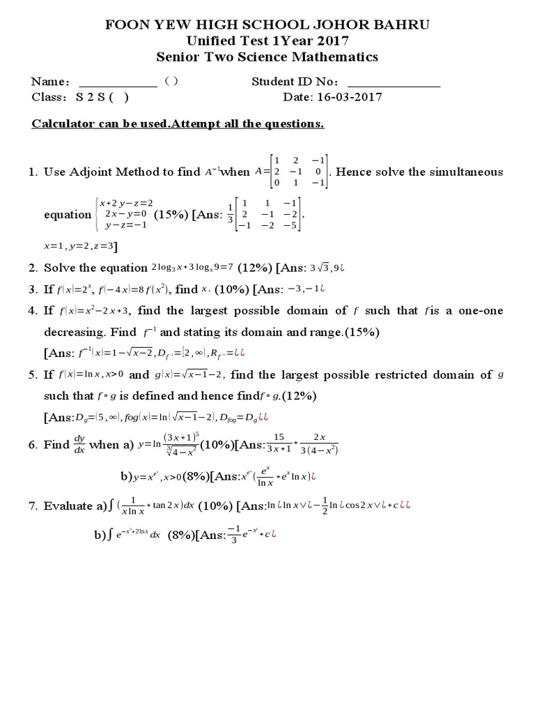 Foon Yew High School Johor Bahru Unified Test 1year 2017 Senior Two ...