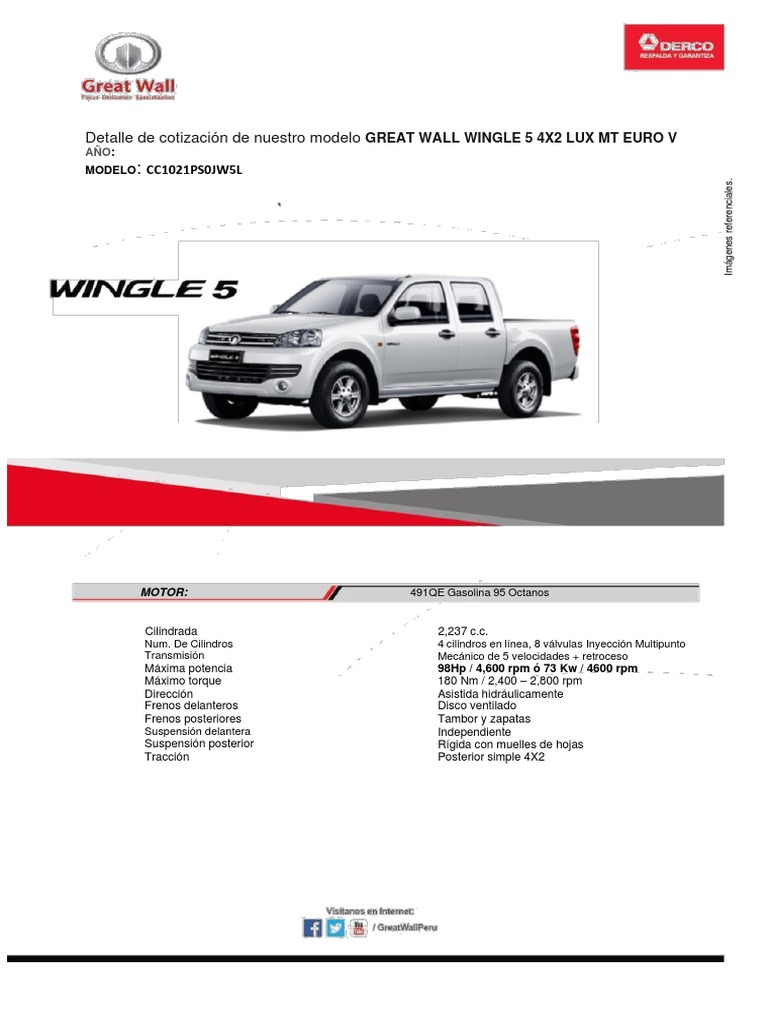 Ficha Técnica Great Wall Wingle 5 4x2 | PDF | Vehículo de motor | Coche