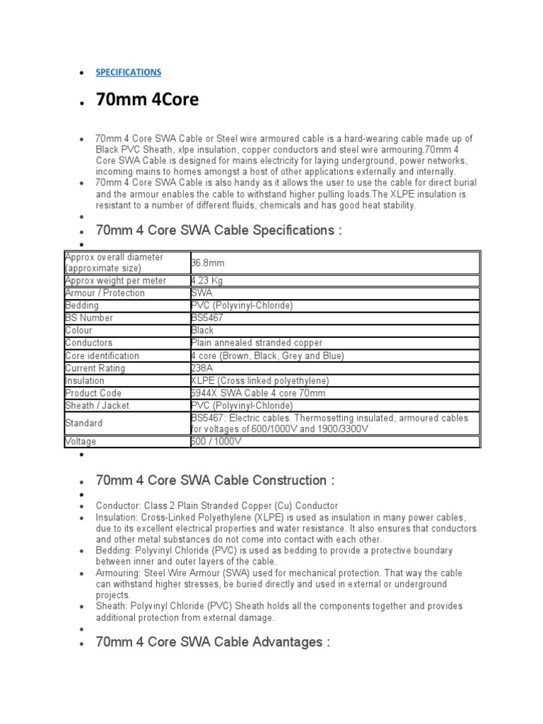 SPECIFICATIONS Cable 70mm 4core Cable | PDF | Insulator (Electricity ...