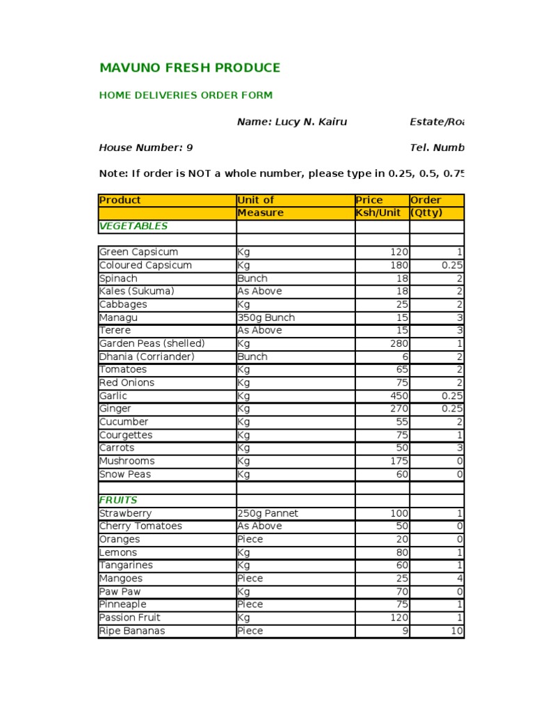Mavuno Fresh Produce Order Form | PDF