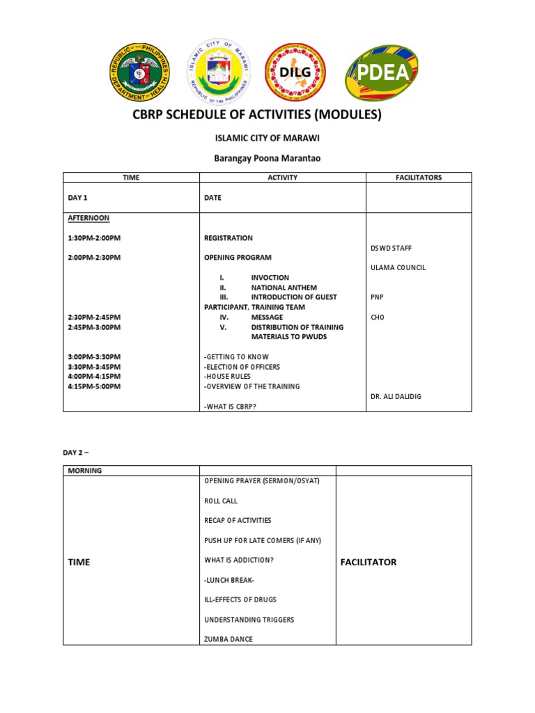 CBRP Schedule of Activities (Modules) : Islamic City of Marawi Barangay ...