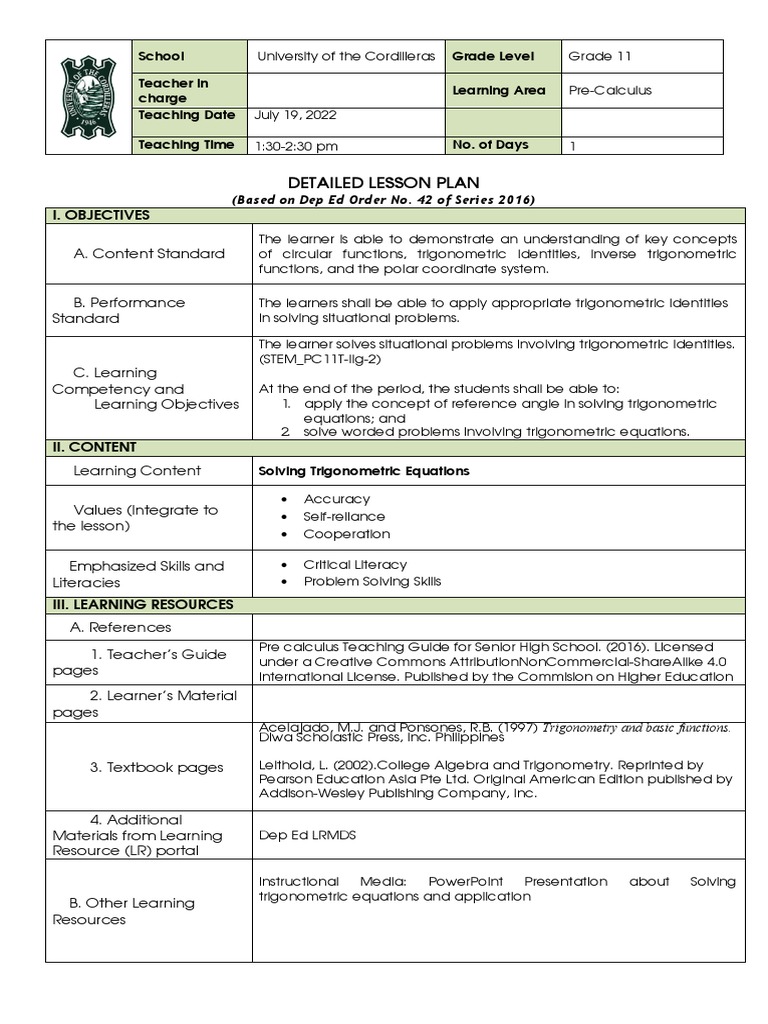 Lesson Plan Sample - Trigonometric Equation | PDF | Trigonometric ...