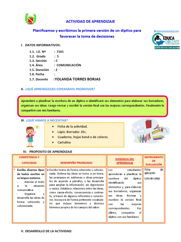 D4 A1 SESIÓN Planificamos y Escribimos La Primera Versión de Un Díptico ... D4 A1 SESIÓN Planificamos y Escribimos La Primera Versión de Un Díptico ...