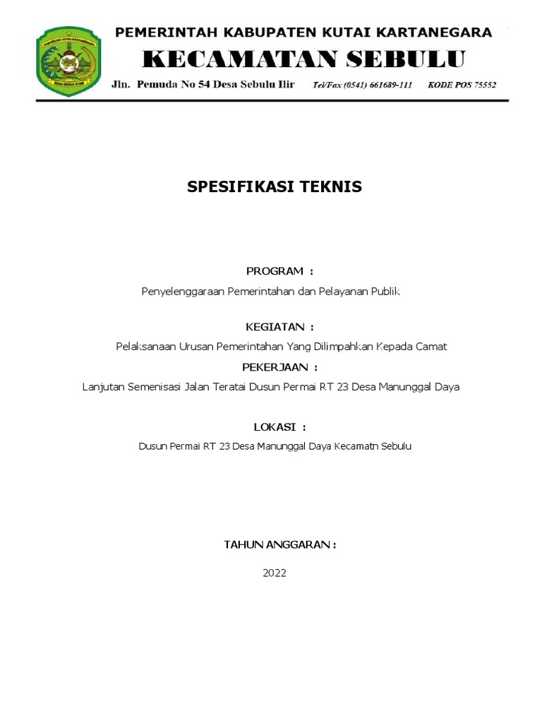 SPESIFIKASI TEKNIS Lanjutan Semenisasi Jalan Teratai Dusun Permai RT 23 Desa Manunggal Daya | PDF
