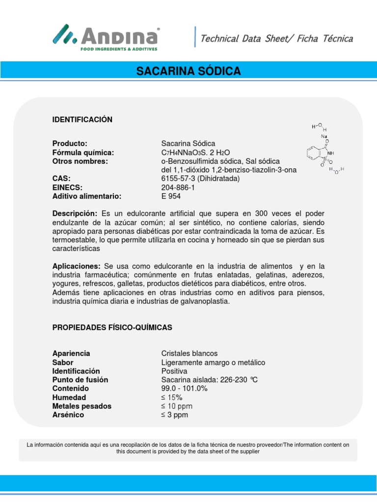 Ft. Sacarina Sódica Fym - Andina | PDF | Sustituto de azúcar | Ciencias ...