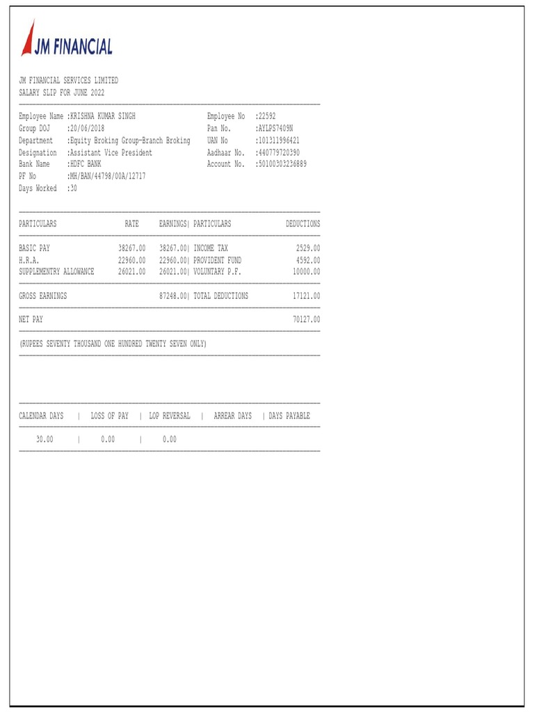 JM Financial June 2022 Salary Slip | PDF