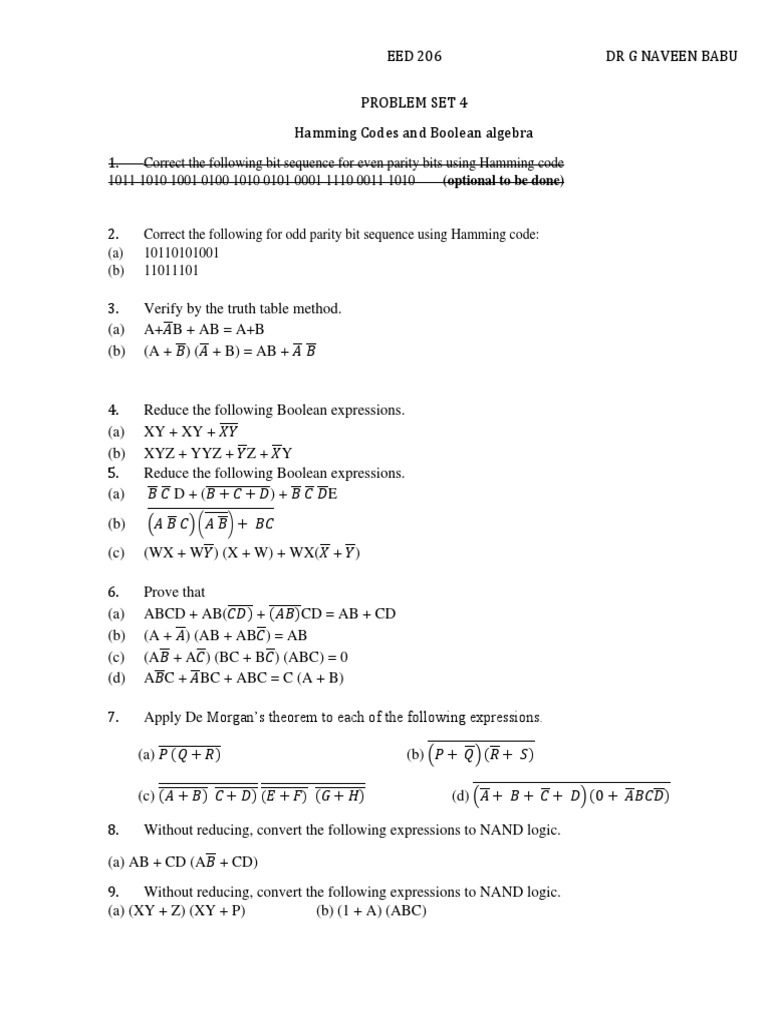 Hamming Codes and Boolean Algebra Exercises | PDF