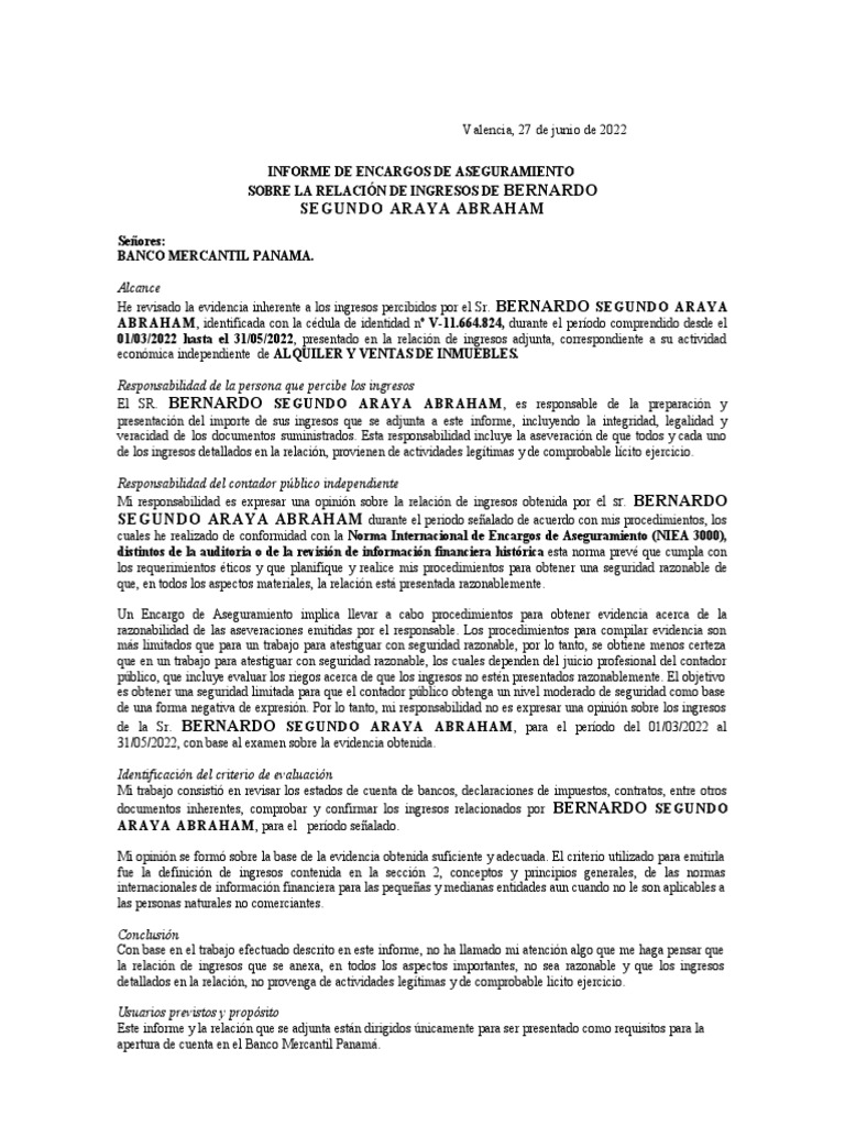 CERTIFICACION-DE-INGRESOS-NIEA-3000 - Araya | PDF | Contador