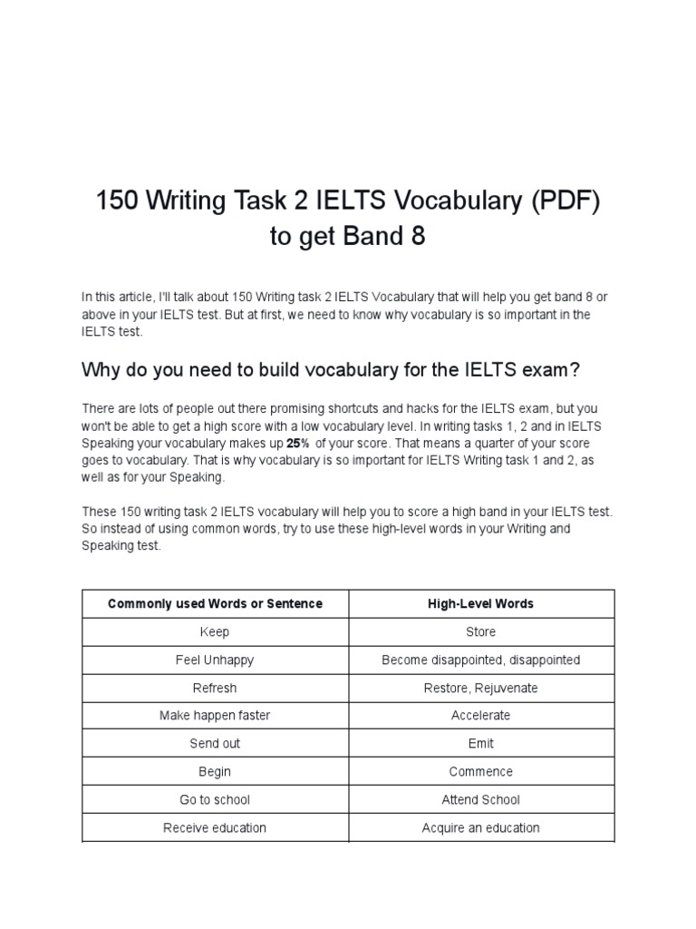 150 Writing Task 2 IELTS Vocabulary (PDF) To Get Band 8 | PDF ...