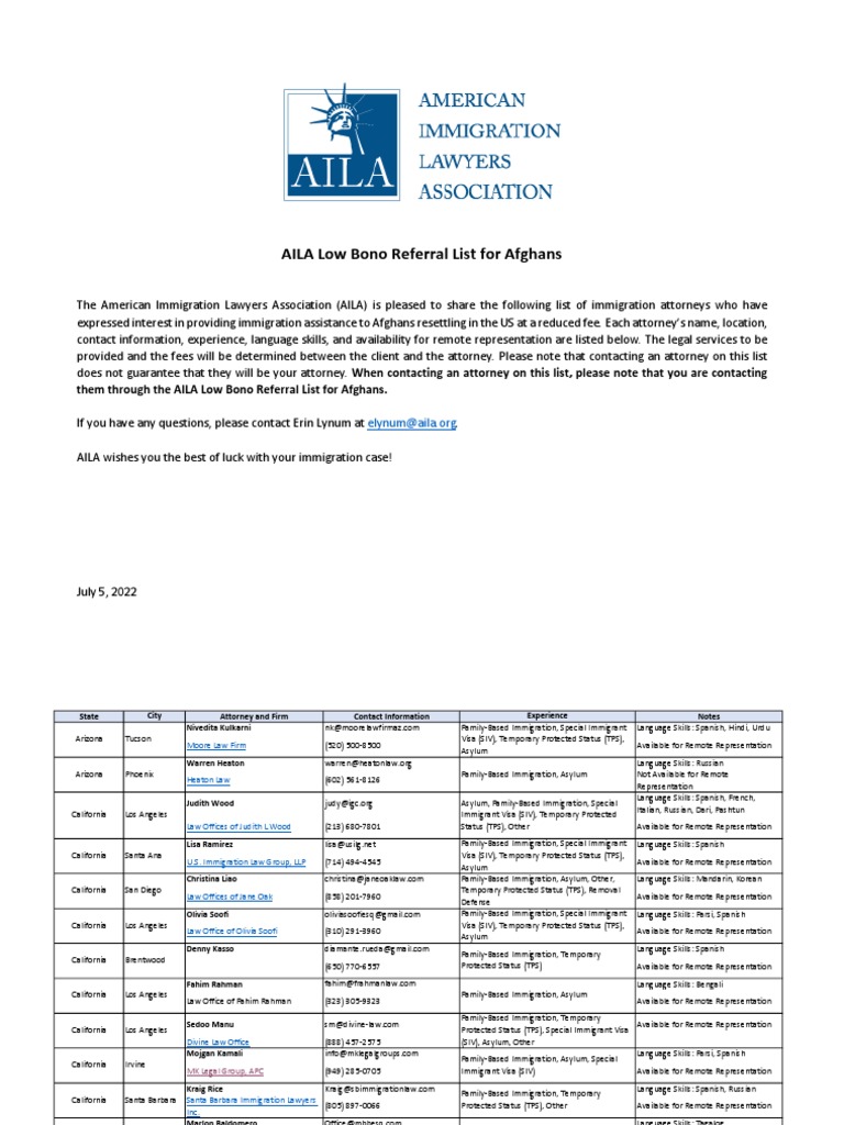 AILA Low Bono Immigration Attorneys List | PDF | Immigration | Human ...