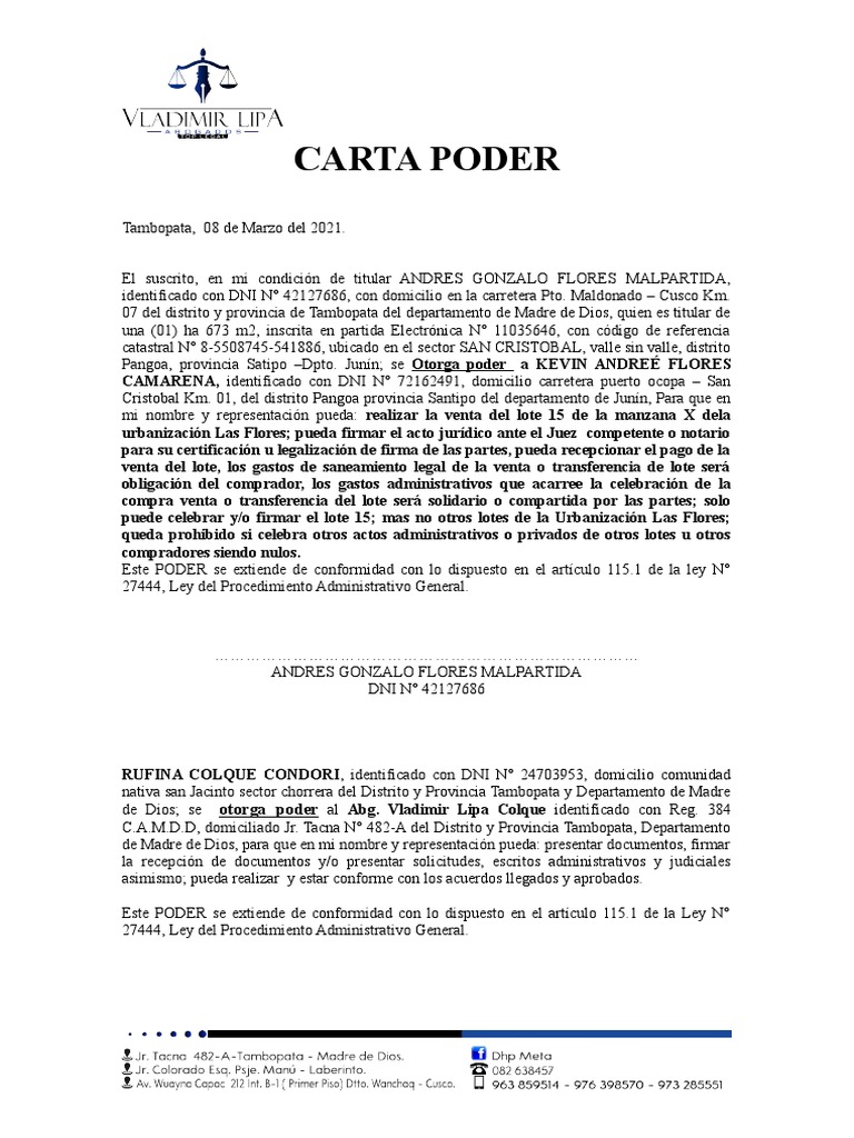 Carta Poder - Representacion. | PDF | Gobierno | Justicia