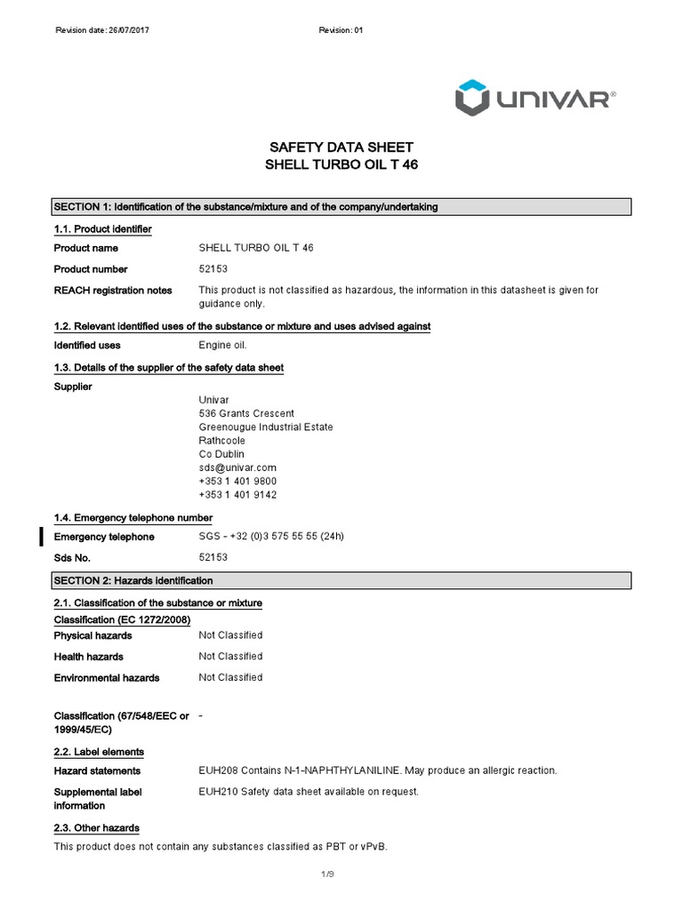 Shell Turbo Oil T 46 Safety Data Sheet | PDF | Toxicity | Dangerous Goods