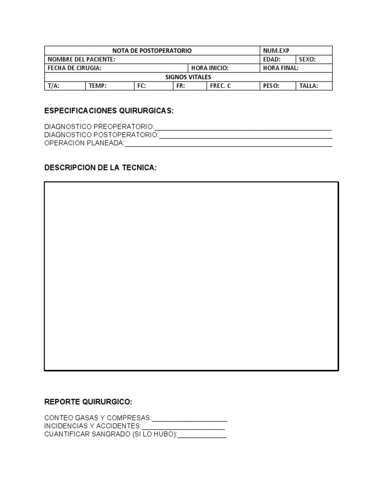 Nota De Postoperatorio Detallada Pdf