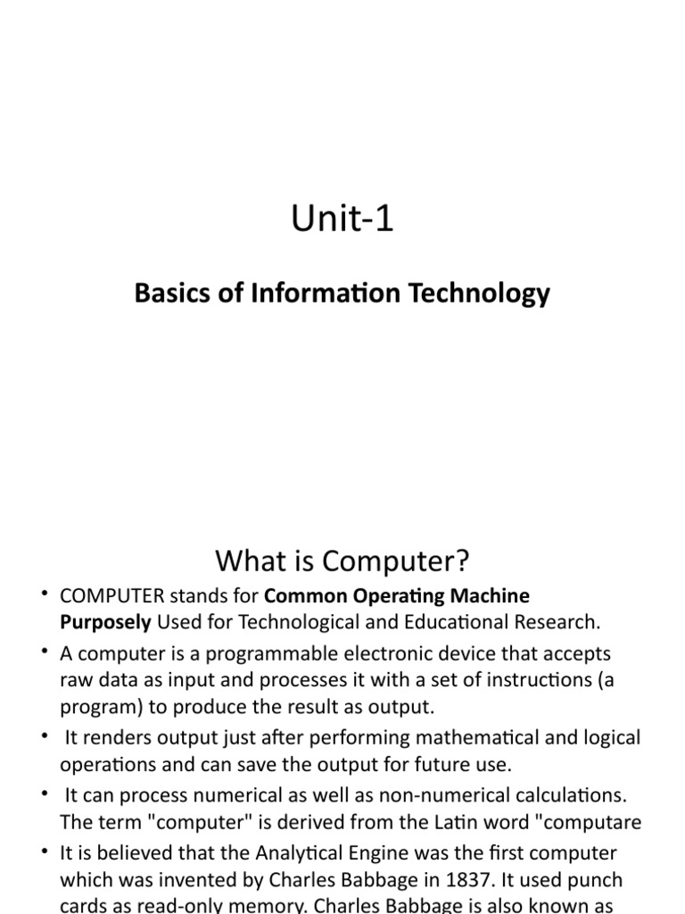 Unit-1: Basics of Information Technology | PDF | Computer Data Storage ...
