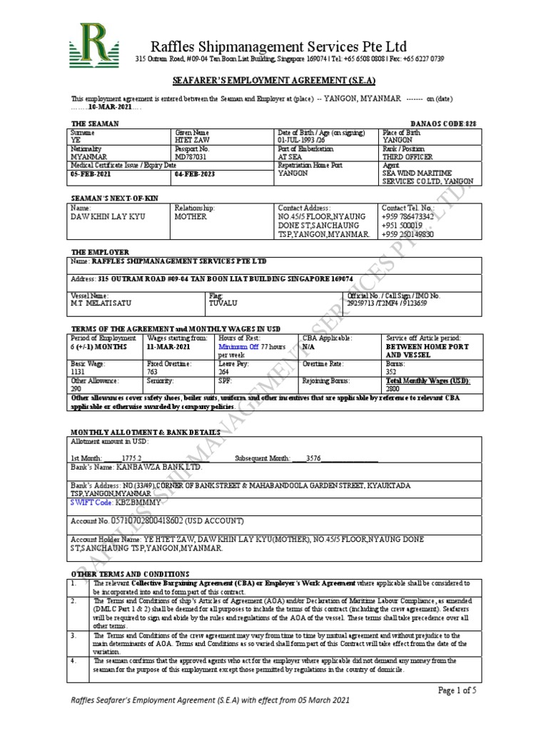 Raffles Shipmanagement Services Pte LTD: Seafarer'S Employment ...