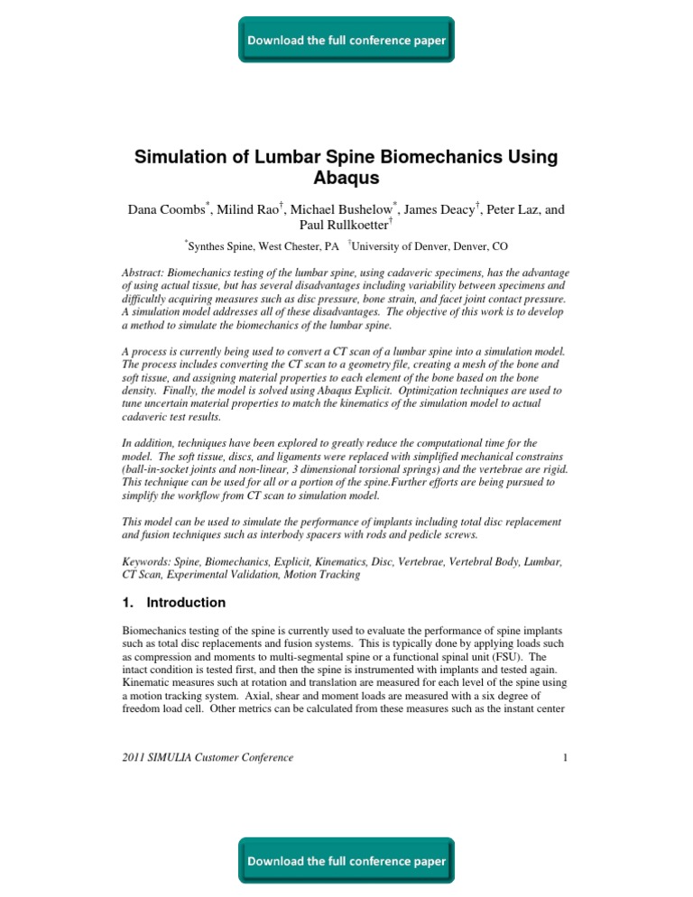 Simulation of Lumbar Spine Biomechanics Using Abaqus | PDF | Vertebral ...