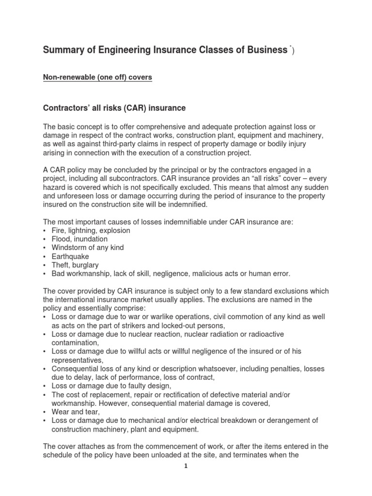 Engineering Insurances Summary CAR | PDF | Insurance | Vehicle Insurance