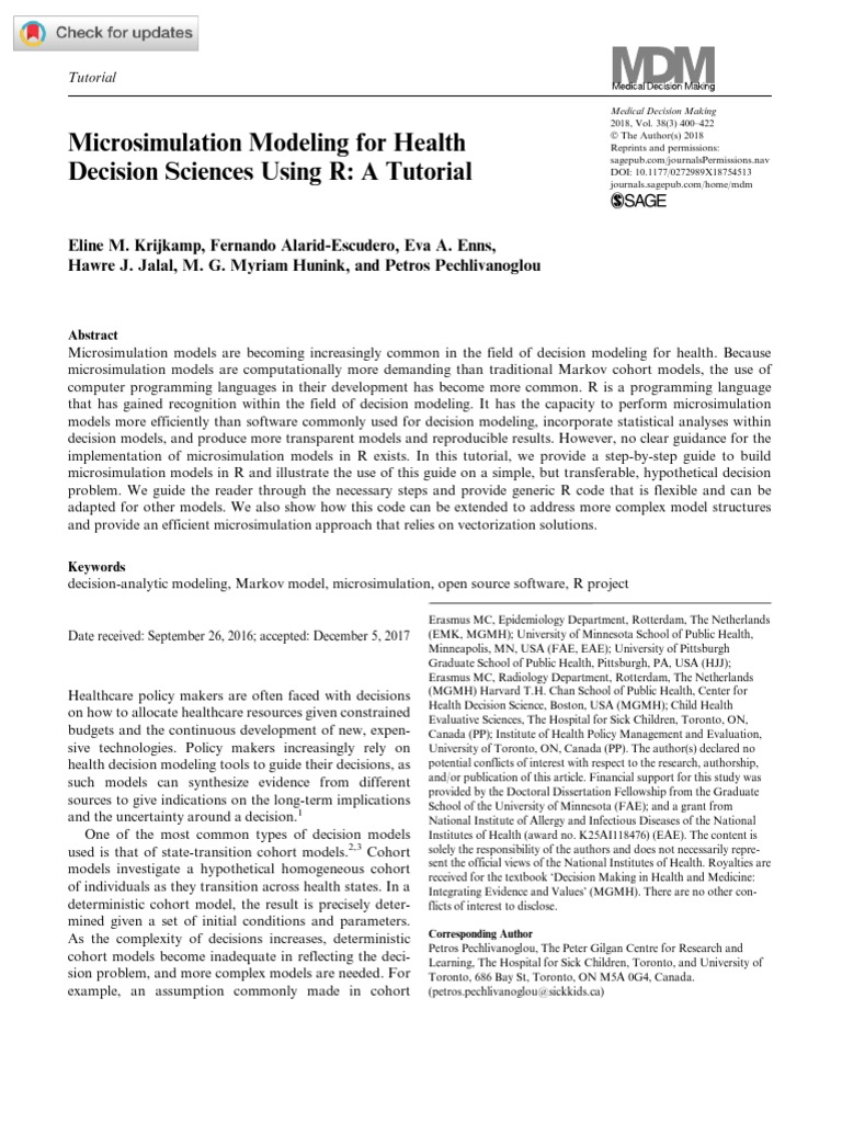 Microsimulation Modeling For Health Decision Sciences Using R: A ...