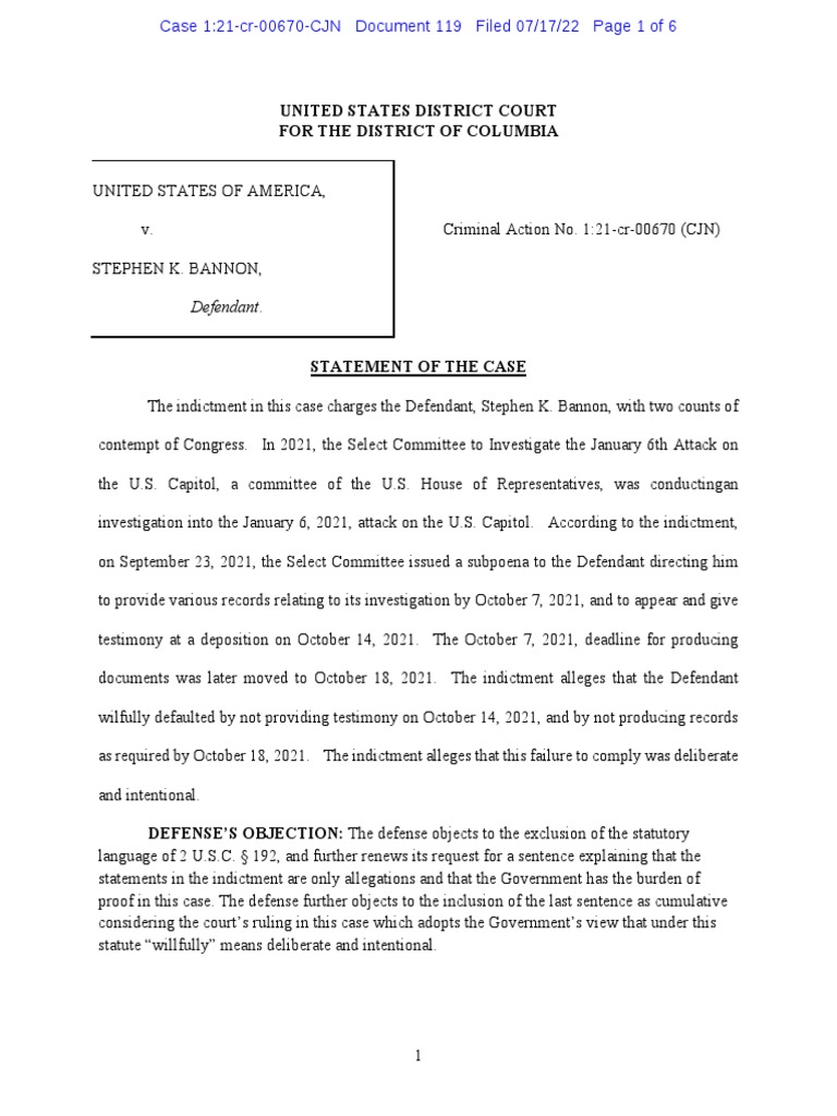 Statement of Case Filed by Bannon | PDF | Witness | Verdict