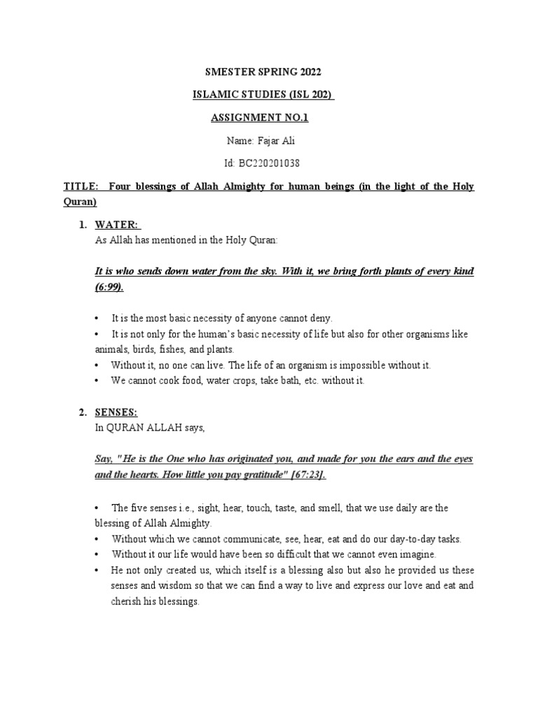 Isl 201 Assignment 1 | PDF | God In Islam | Senses