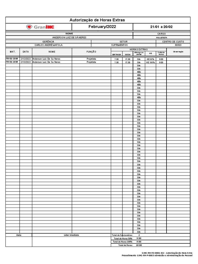 Autorização de Horas Extras - 12 e 13 FEVEREIRO 2022 | PDF | Emprego