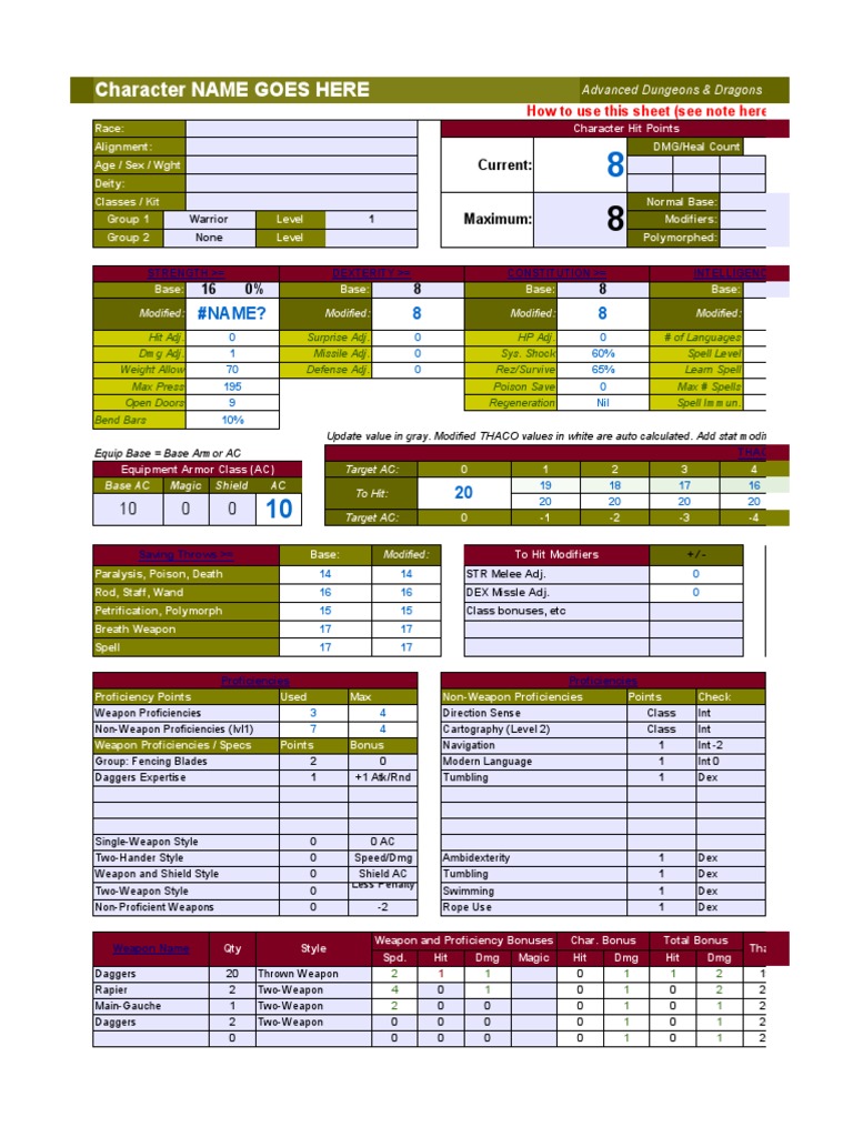 AD&D 2nd Edition Character Sheet | PDF | Dungeons & Dragons