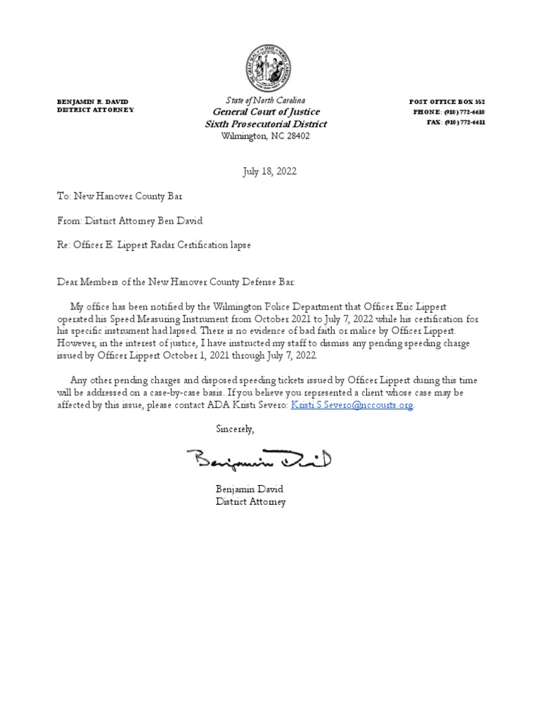 Letter To The Defense Bar - Officer Eric Lippert Radar Certification ...