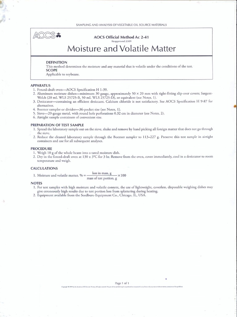 AOCS Moisture For Seeds | PDF