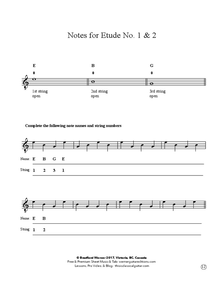 Notes For Etude No. 1 & 2: 1st String Open 2nd String Open 3rd String ...