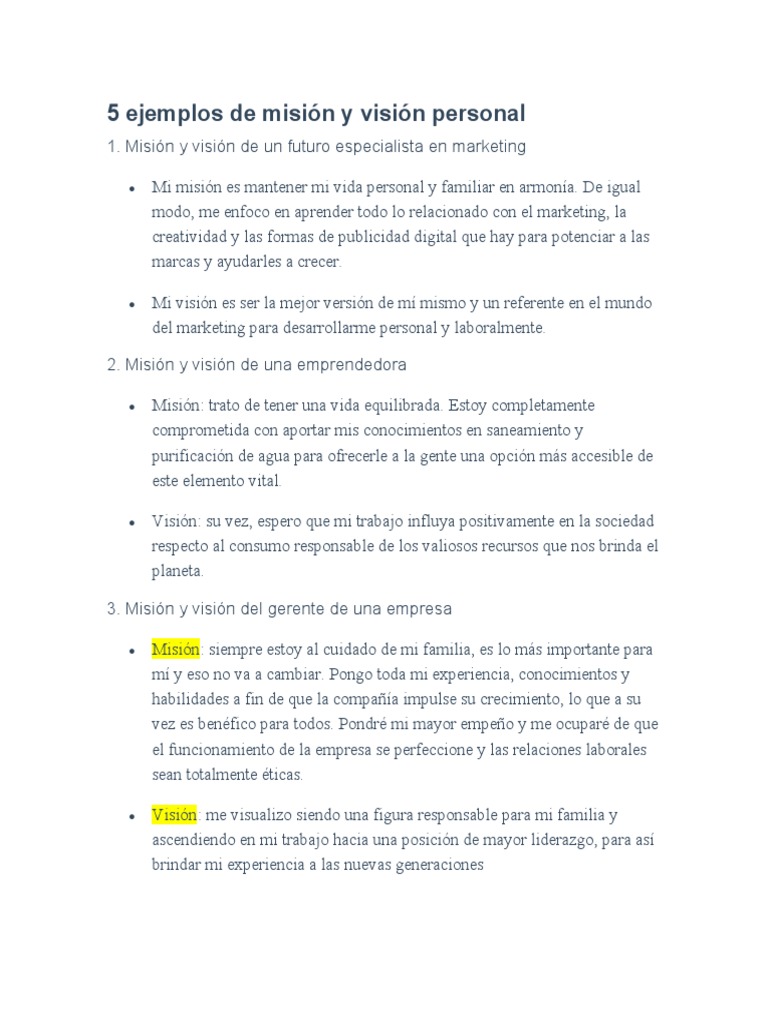 5 Ejemplos De Misión Y Visión Personal Pdf Marketing Vida