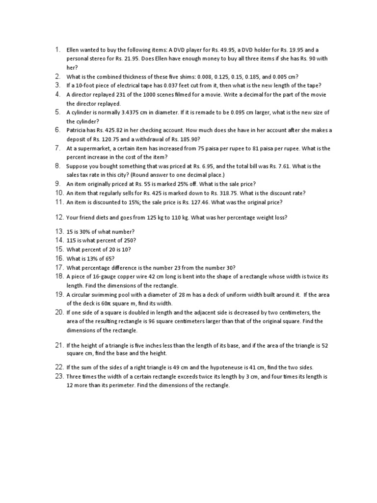 Word Problems Class 7 | PDF | Triangle | Rectangle