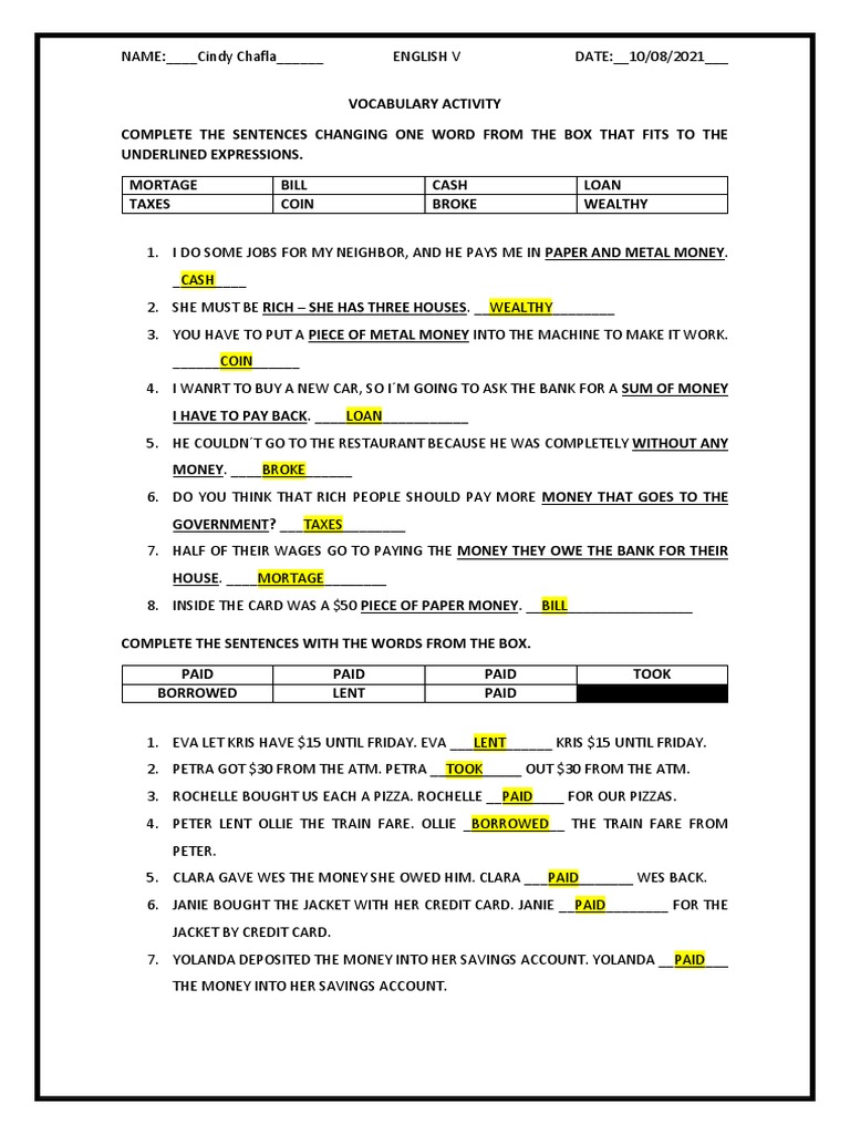 Vocabulary Building Activity | PDF | Money | Credit Card