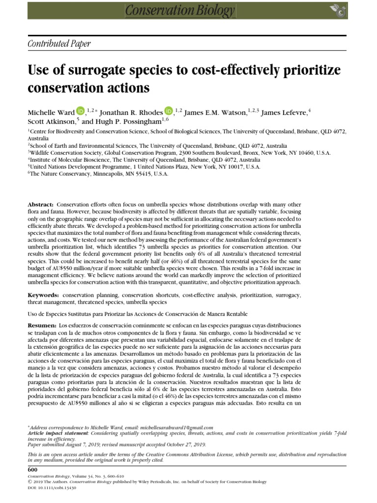 Conservation Biology - 2019 - Ward - Use of Surrogate Species To Cost ...