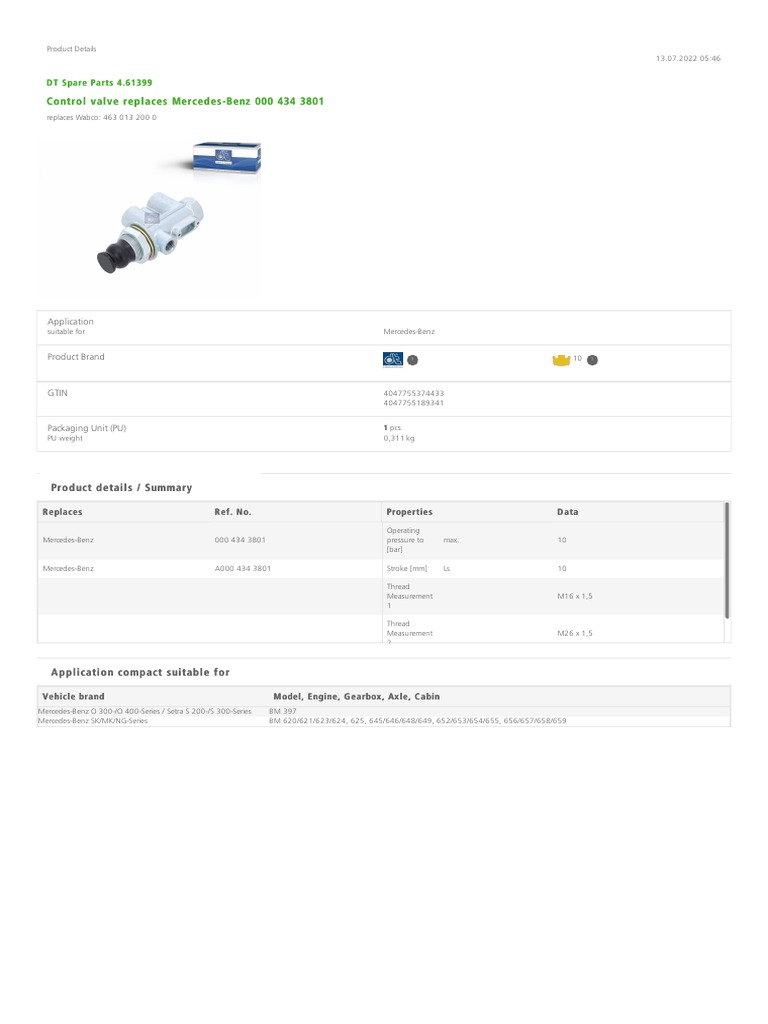 Control Valve Replaces Mercedes-Benz 000 434 3801 Control Valve ...