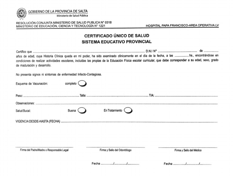 Certificado Unico de Salud | PDF