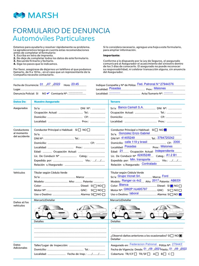Modelo - Planilla Denuncia de Siniestro - MARSH | PDF | Finanzas y dinero | Derecho