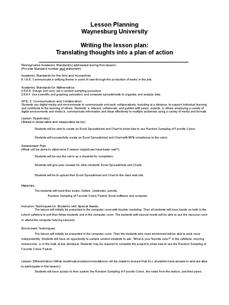 Lesson Plan Excel Chart Microsoft Excel Lesson Plan