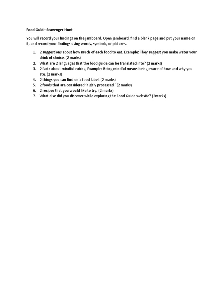 Food Guide Scavenger Hunt Activity | PDF | Home & Garden | Wellness