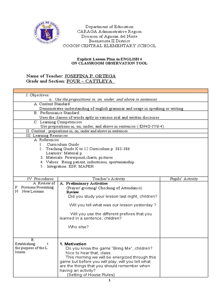 English 4 Lesson Plan on Prepositions | PDF | Teachers | Curriculum