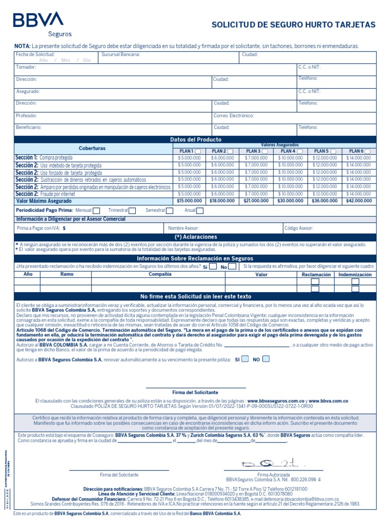 Bbva Complete Formato Solicitud Seguro Hurto Red | PDF | Póliza de seguros | Seguro