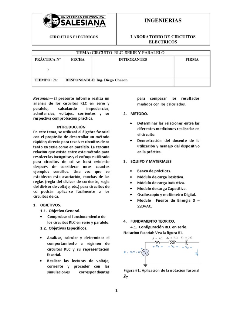 LabCirc Pract7 CircuitoRLC SerieParal | PDF | Impedancia eléctrica | Energia electrica