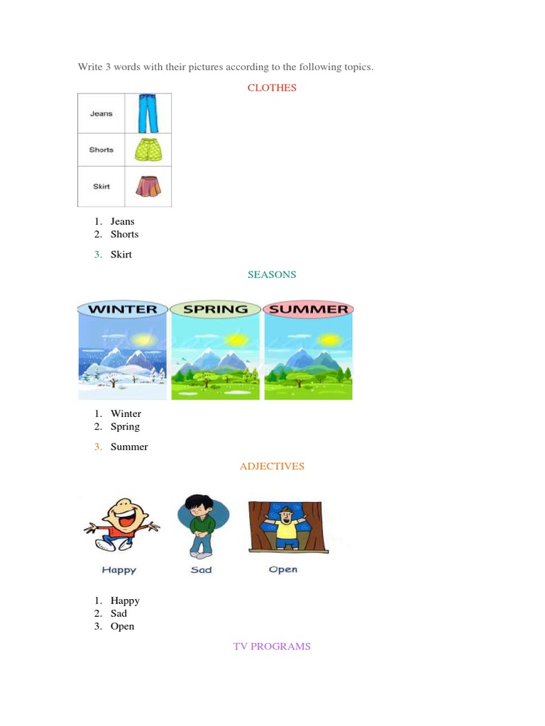 Write 3 Words With Their Pictures According To The Following Topics | PDF